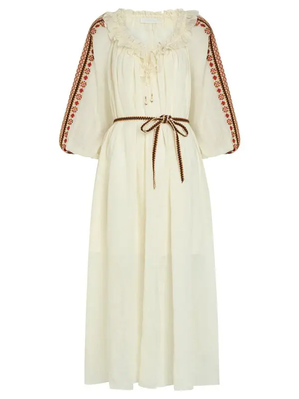 Zimmermann Aster Embroidered Belted Ramie Maxi Dress - Cream