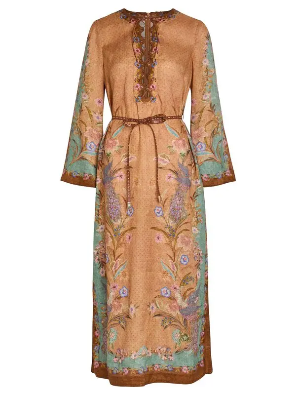 Zimmermann Indra Belted Printed Linen Midi Tunic Dress - Tan