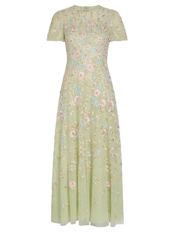 NEEDLE & THREAD Floral-embroidered Tulle Midi Dress - Light Green