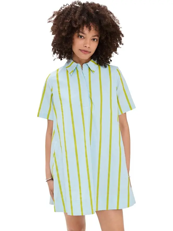 English Factory Striped Shirting Mini Kaftan Dress - Icy Blue/sage