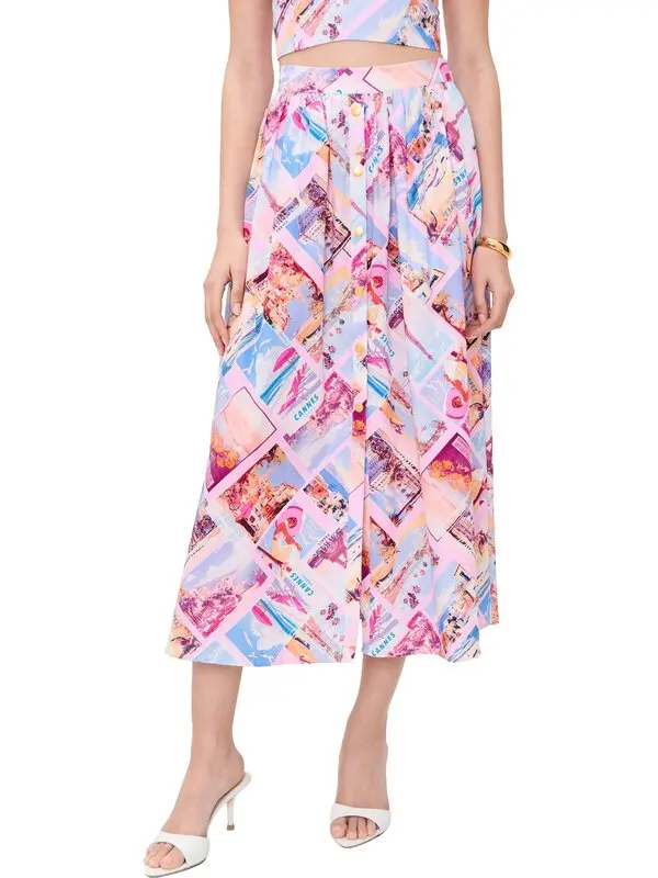 L'Agence Seina Midi Skirt - Pink Postcard Print