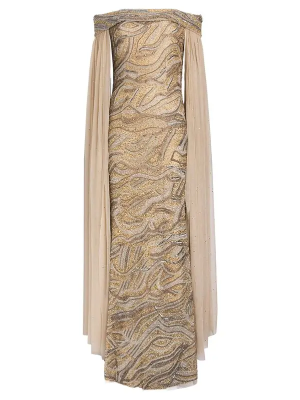 RAISHMA Tulle Embellished Cape Gown - Gold