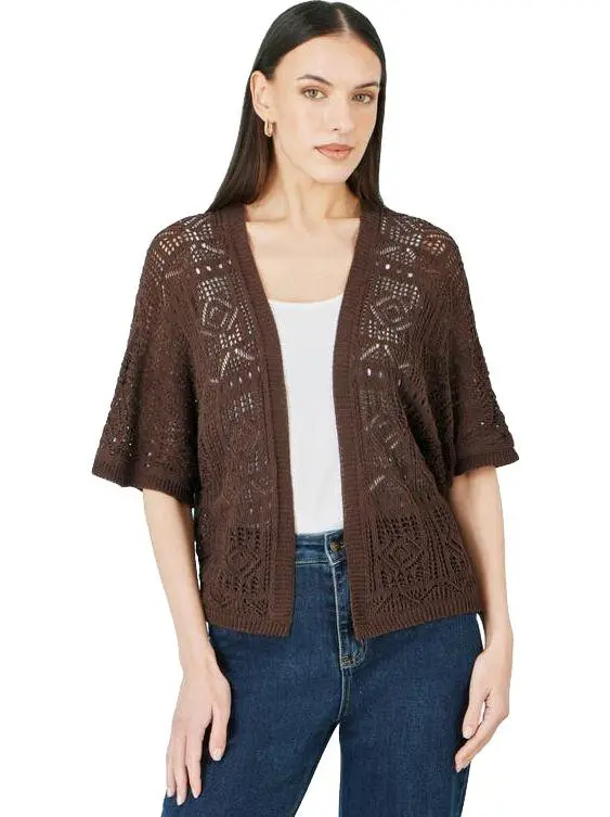 YUMI Crochet Edge To Edge Cardigan - Brown