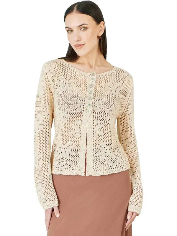 YUMI Flower Crochet Button-up Cardigan - Beige