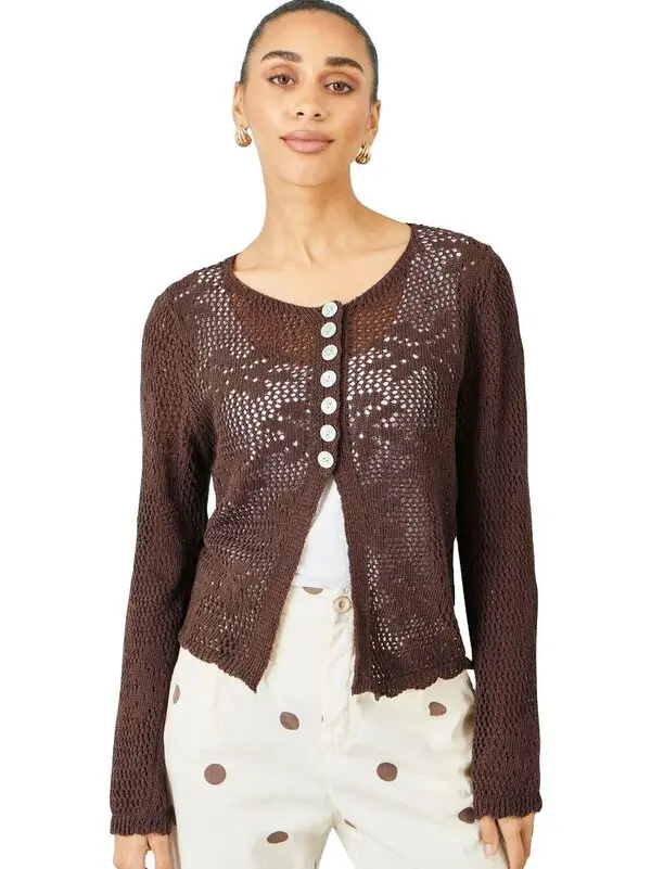 YUMI Flower Crochet Button-up Cardigan - Brown