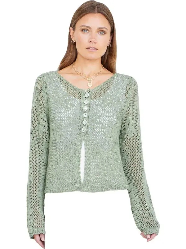 YUMI Flower Crochet Button-up Cardigan - Sage Green