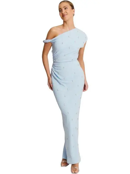 SIX STORIES Asymmetric Beaded Maxi Dress - Pale Blue