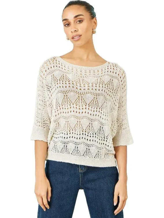 YUMI Cotton Blend Relaxed Fit Pointelle Jumper - Beige