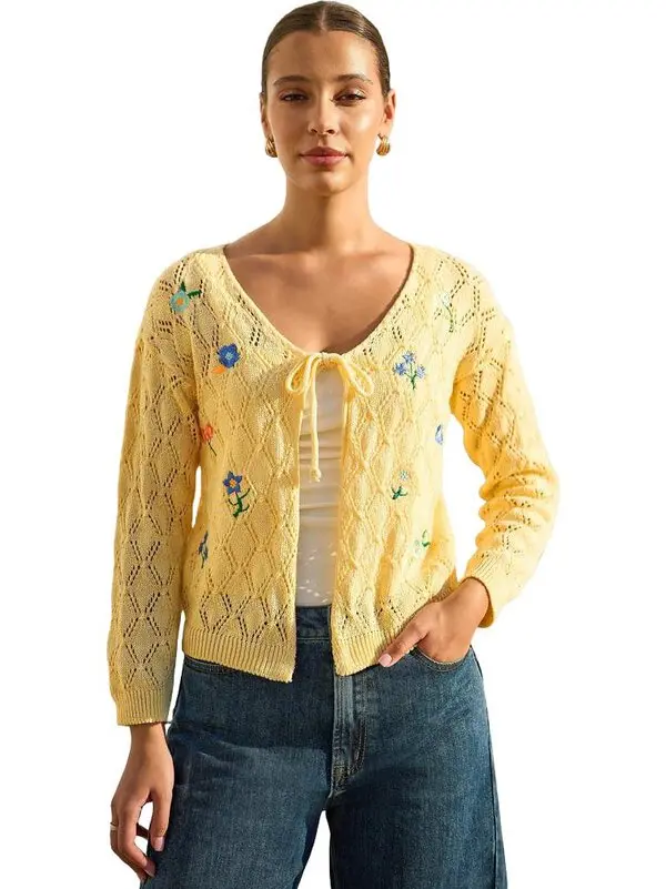 YUMI Embroidered Pointelle Cardigan - Butter Yellow