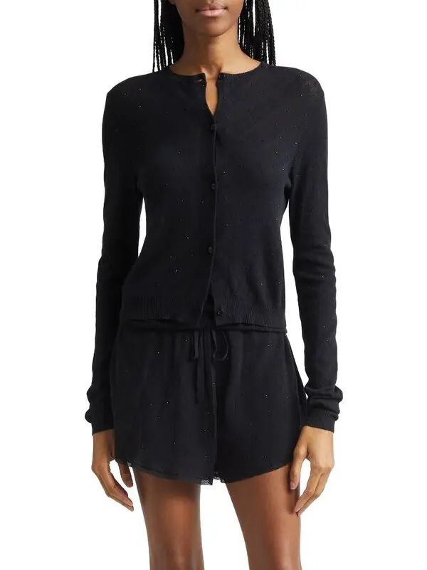 AREA Crystal Ribbed Cotton Cardigan - Black