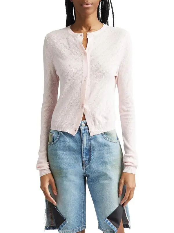 AREA Crystal Ribbed Cotton Cardigan - Pastel Pink