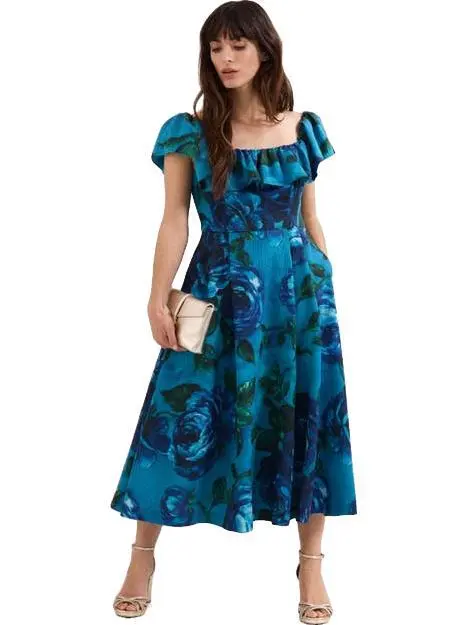 PHASE EIGHT Floral Linen Blend Bardot Midi Dress - Blue