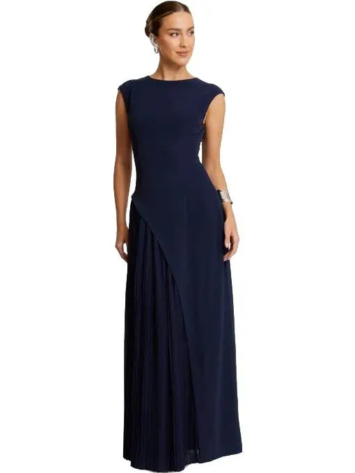 SIX STORIES Cap Sleeve Pleated Maxi Dress - Navy