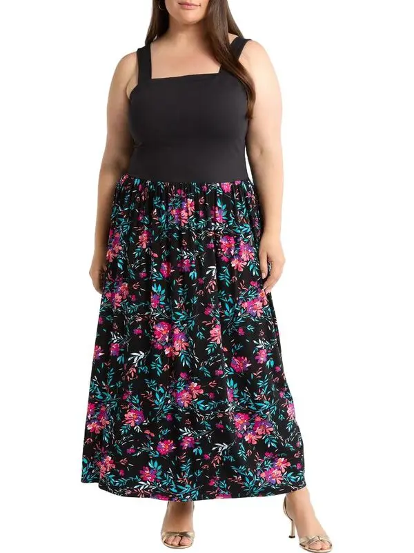 Loveappella Floral Sleeveless Maxi Dress - Black/fucshia