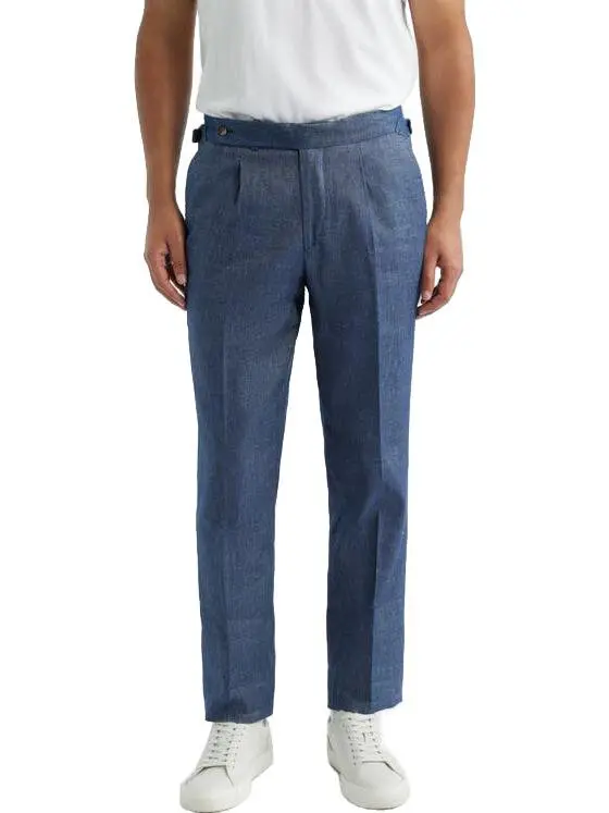 JACK VICTOR Parma Pleated Linen & Cotton Stretch Twill Dress Pants - Denim