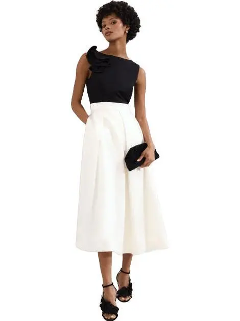 PHASE EIGHT Perla Satin Midi Dress - Black/ivory
