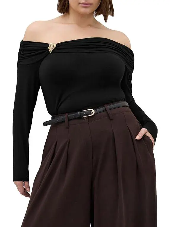 City Chic Ruched Off-the-shoulder Top - Black