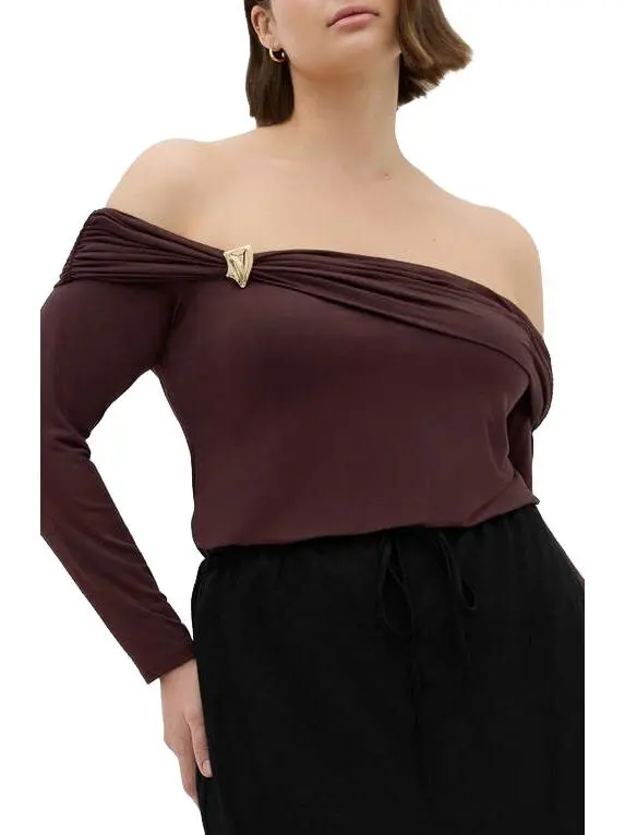City Chic Ruched Off-the-shoulder Top - Chocolate