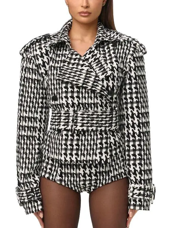 Naked Wardrobe Houndstooth Short Trench Coat - Black/white