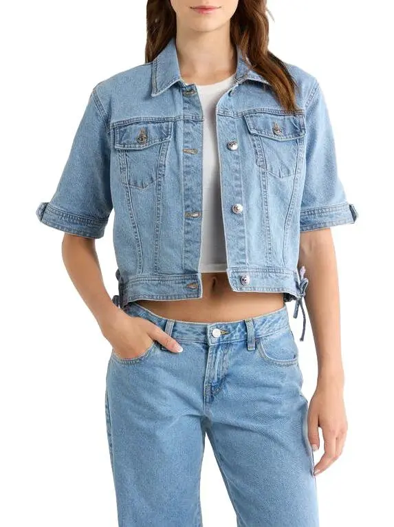 Steve Madden Short Sleeve Denim Trucker Jacket - Indigo Blue