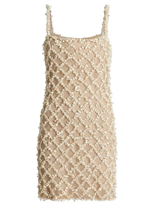 Balmain Embroidered Mesh Mini Dress - Beige