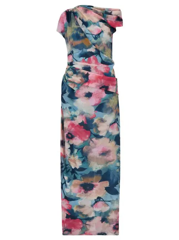 Lela Rose Printed Chiffon Draped Gown - Floral