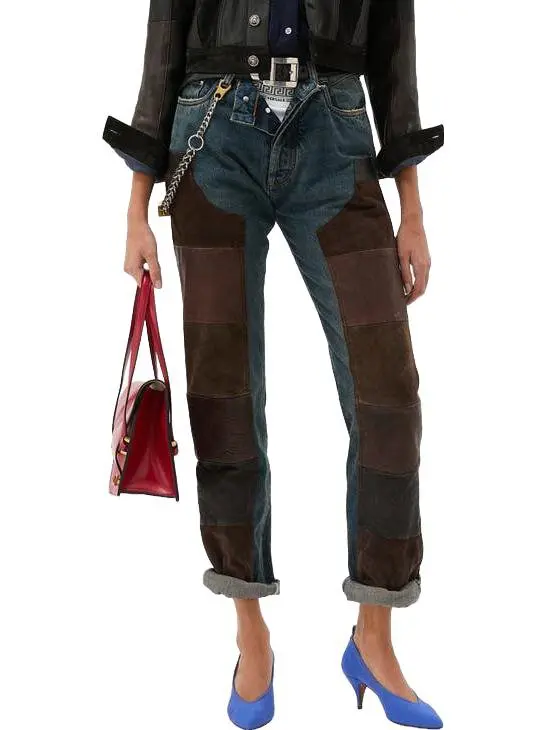 Versace Leather Patchwork Straight Leg Jeans - Dirty Blue Brown