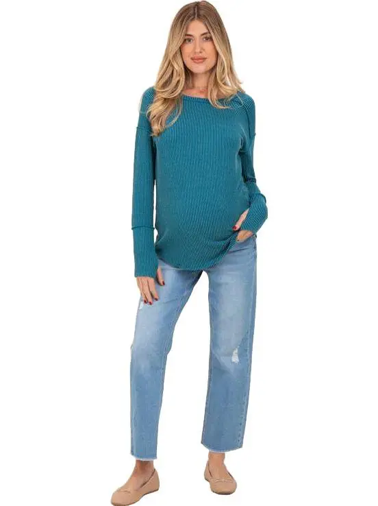 PINKBLUSH Distressed Cropped Straight Leg Maternity Jeans With Raw Hem - Blue