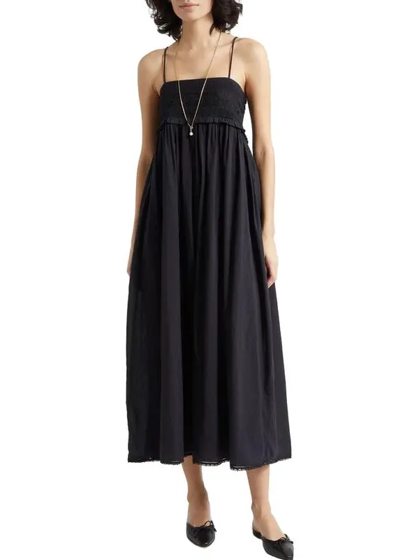 Posse Embroidered Lace Ruffle Trim Midi Dress - Black