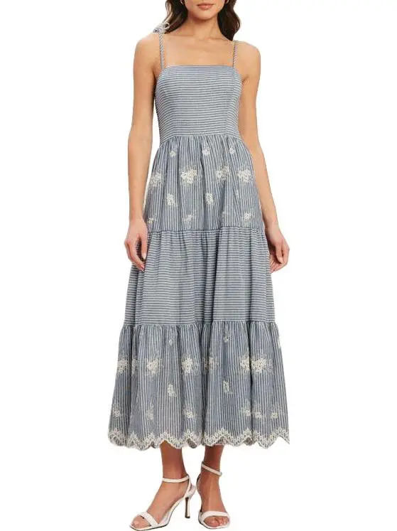 FLYING TOMATO Stripe Floral Embroidered Tie Shoulder Midi Dress - Striped Indigo