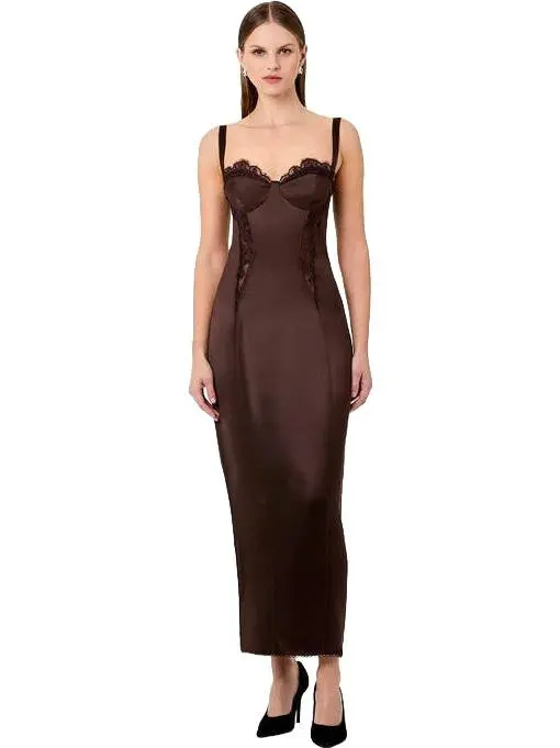 NICHOLAS Dominique Lace Paneled Midi Dress - Espresso