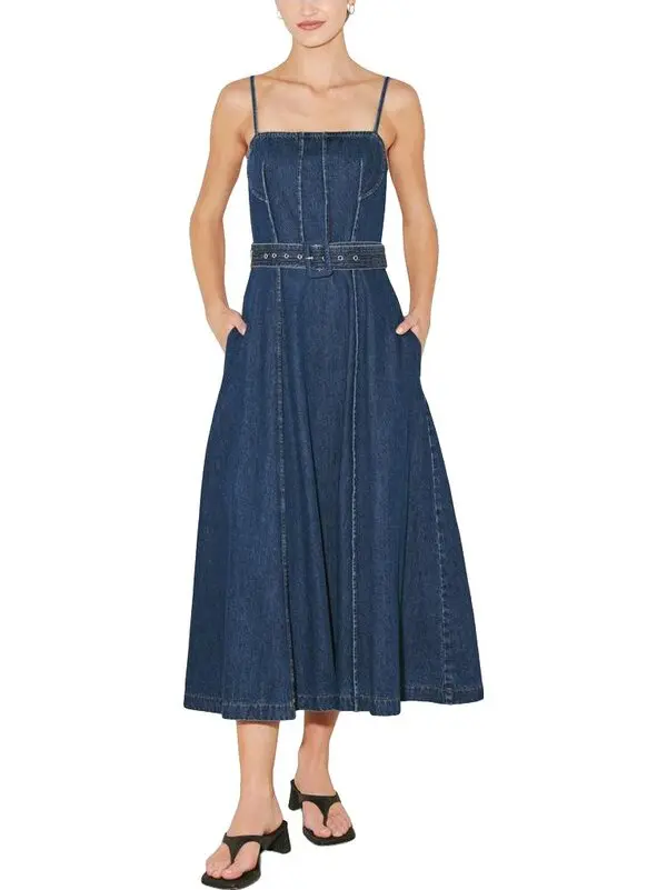 FREEMARKET Pleated Square Neck Denim Midi Dress - Indigo