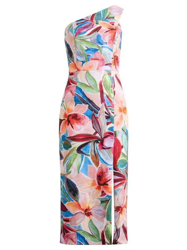 Vince Camuto One-shoulder Tropical Floral Midi Dress - Blue Multi