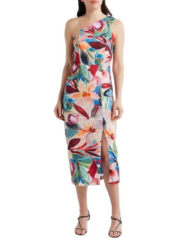 Vince Camuto One-shoulder Tropical Floral Midi Dress - Blue Multi
