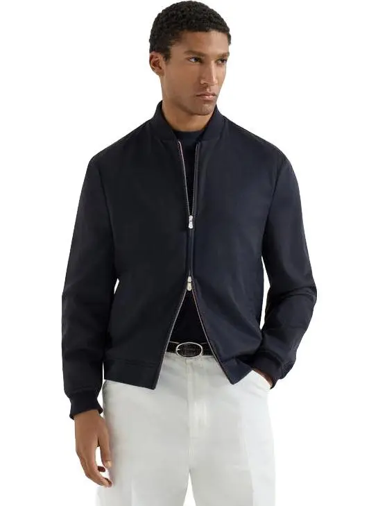 Brunello Cucinelli Lightweight Cashmere Flannel Bomber Jacket - Navy Blue