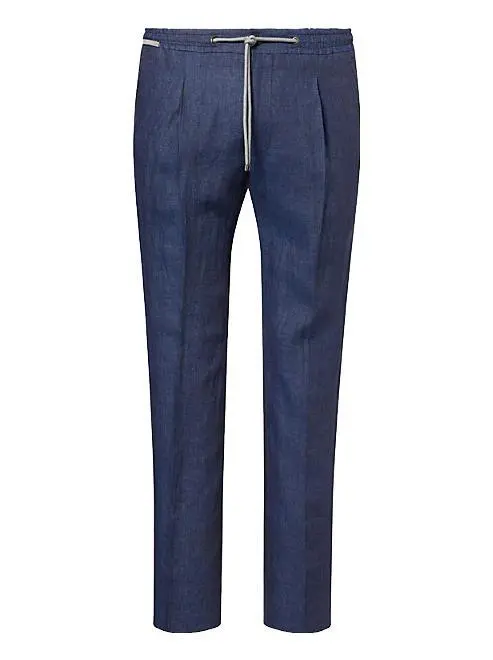 Corneliani Pleated Drawstring Linen Trousers - Blue 005