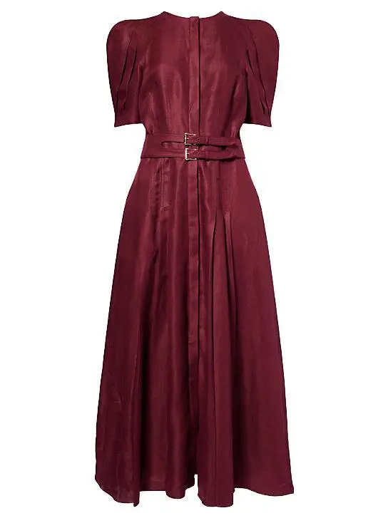 Gabriela Hearst Patricia Belted Linen Midi Dress - Bordeaux