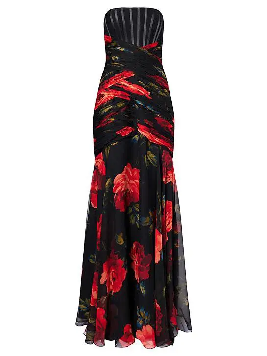 Carolina Herrera Rose-print Bustier Silk-chiffon Gown - Black Multi
