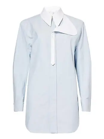 Bottega Veneta Contrast-collar Belted Cotton Oxford Shirt - Pale Blue/white