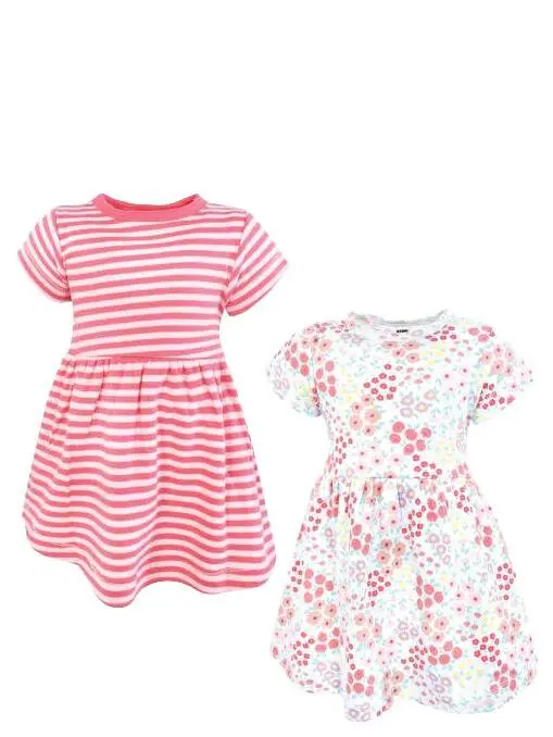 HUDSON BABY Baby Cotton Dress 2-pack - Bright Pink Flower Field