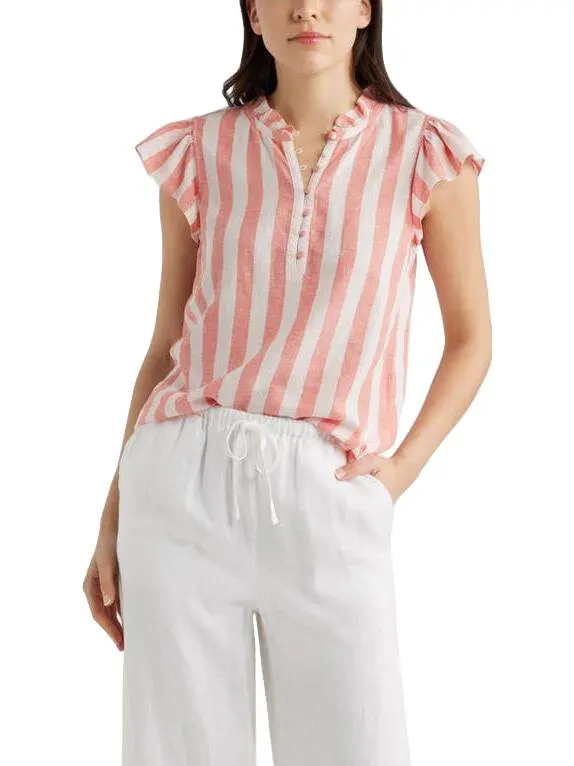 Caslon Flutter Sleeve Popover Top - Pink- Coral Cabana Stripe