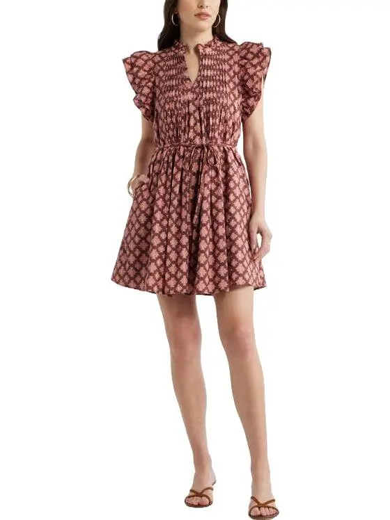 Caslon Ruffle Tie Waist Dress - Brown- Pink Millie Tile