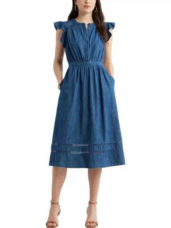 Caslon Flutter Sleeve Chambray Fit-and-flare Dress - Dark Wash