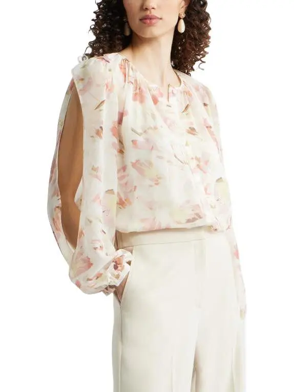 Nordstrom Floral Split Sleeve Top - Ivory-pink Canvas Bloom
