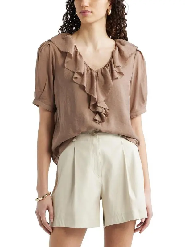 Nordstrom Ruffle Crinkle Semisheer Top - Brown Lentil
