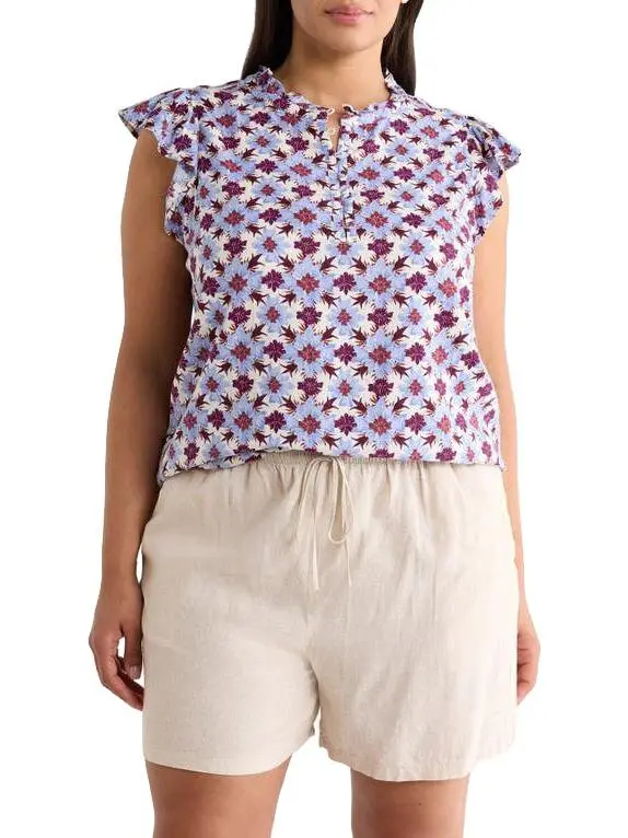 Caslon Flutter Sleeve Printed Popover Top - Ivory- Purple Millie Tile
