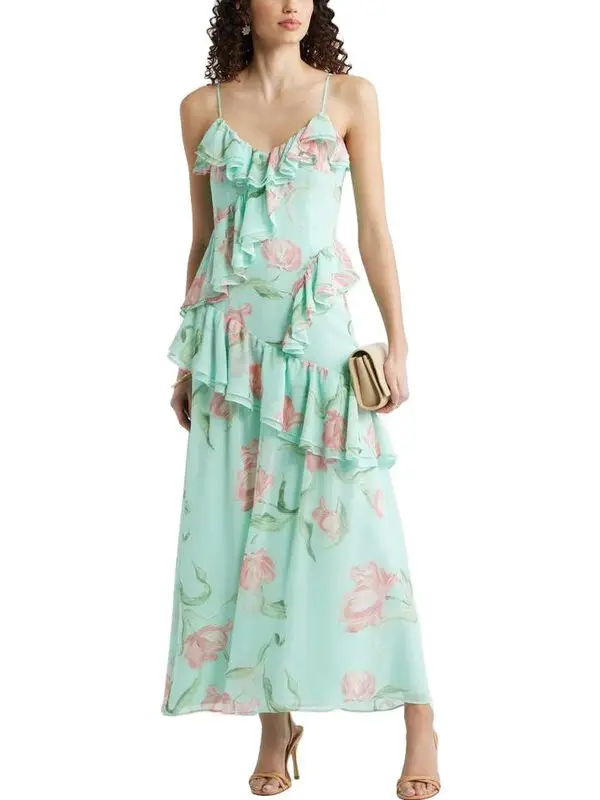 Chelsea28 V-neck Drape Maxi Dress - Aqua- Pink Tulip Field