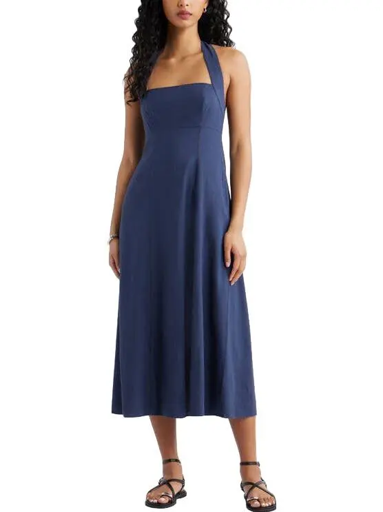 OPEN EDIT Linen Blend Halter Midi Dress - Navy Indigo