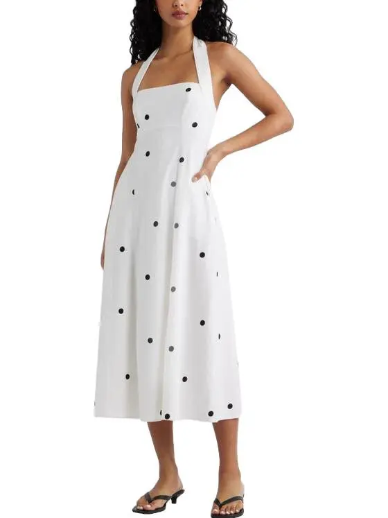 OPEN EDIT Linen Blend Halter Midi Dress - White- Black Grande Dot