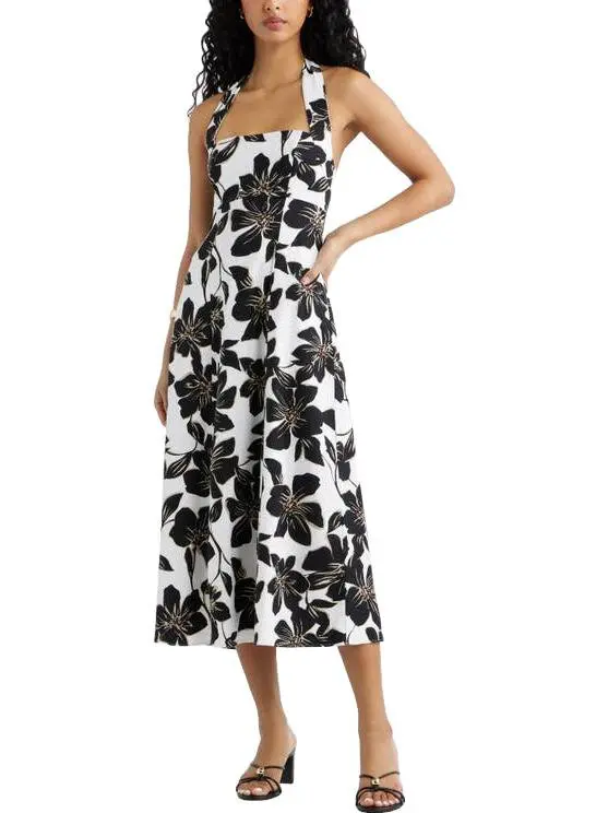 OPEN EDIT Linen Blend Halter Midi Dress - White- Black Trop Bloom